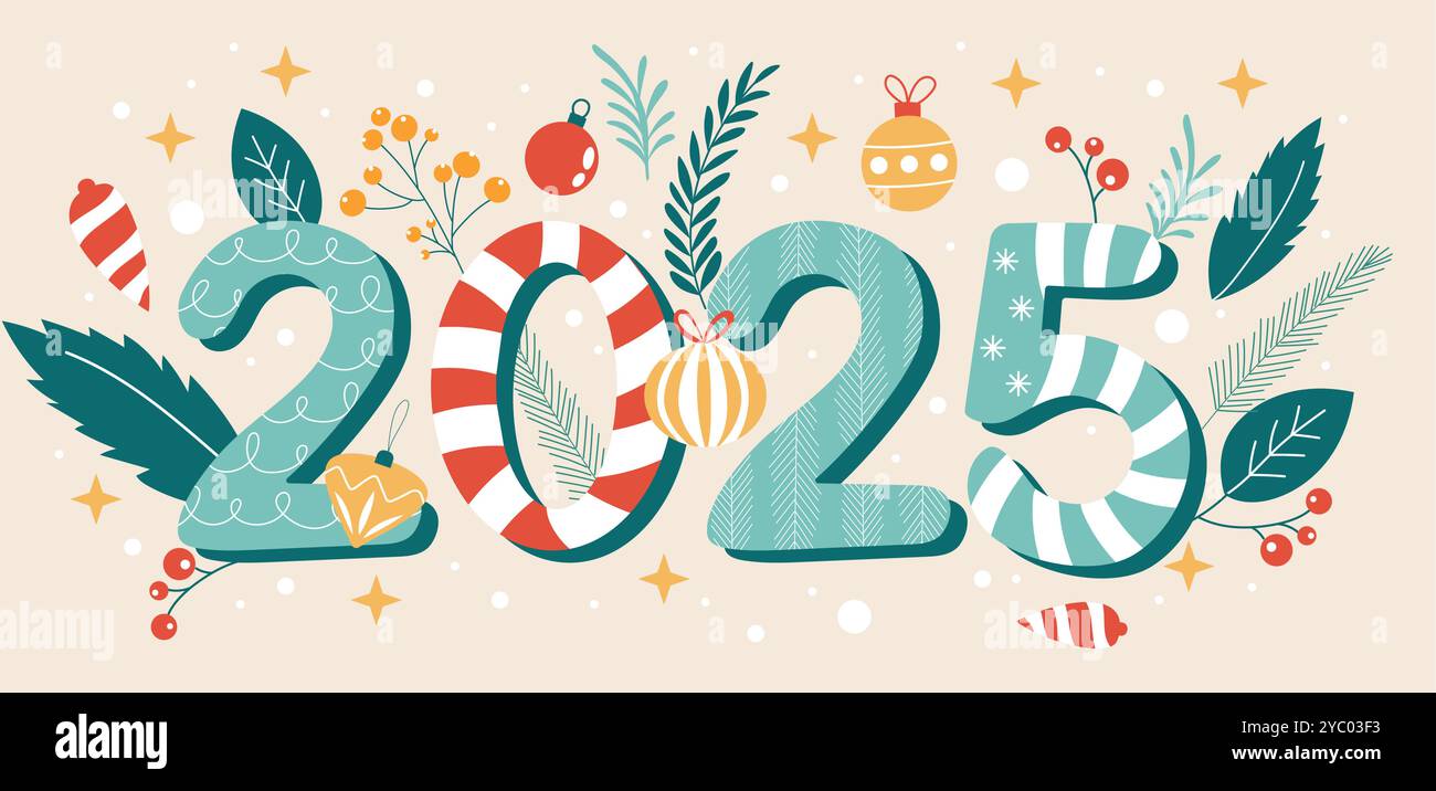Colourful hand drawn Christmas banner with numbers 2025 and winter ...