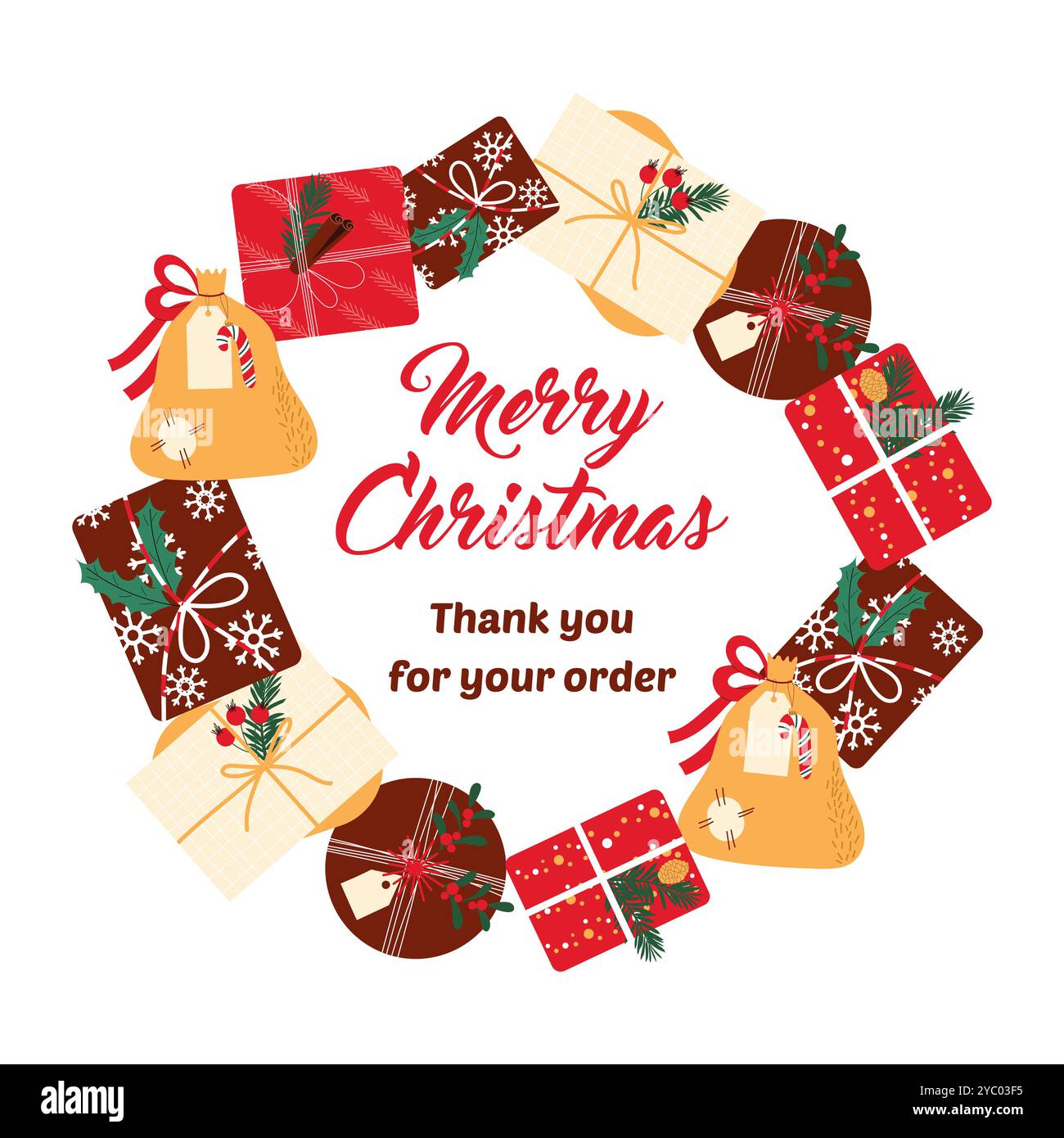 Hand drawn circle Christmas label with gift boxes and winter decor ...