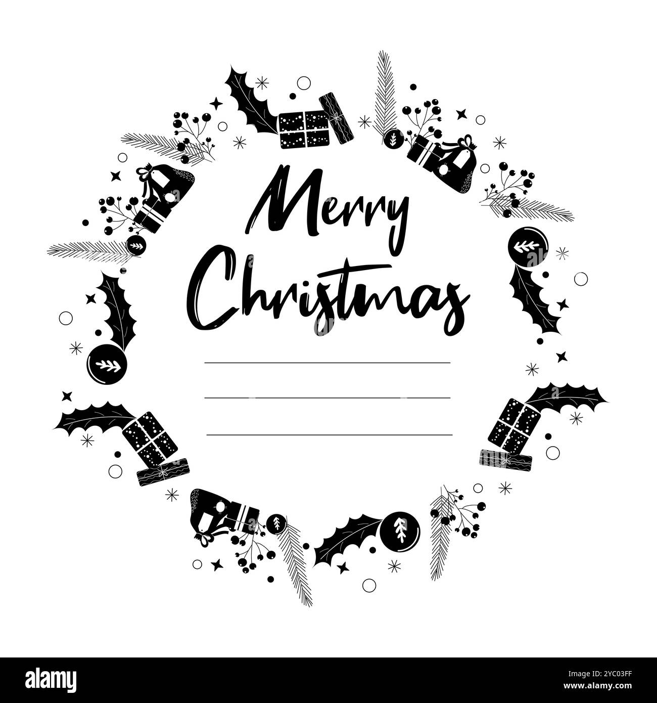 Christmas circle illustrative label in black and white. Vector doodle ...