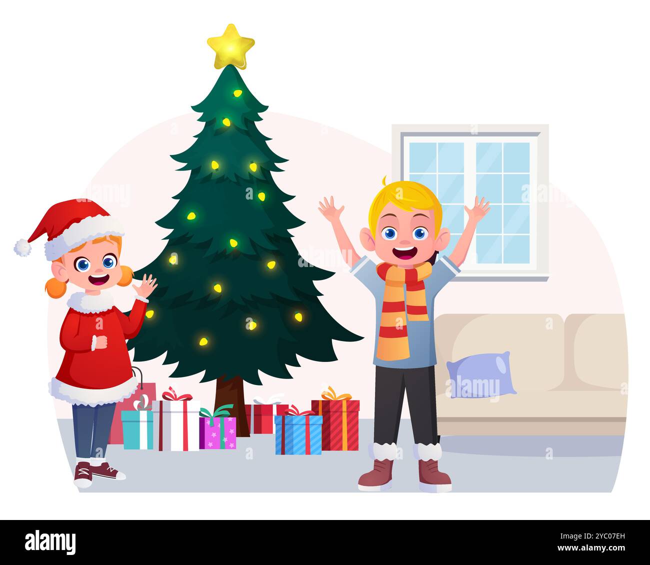 Cartoon Little Boy and Girl Receive Gifts, Cute Cartoon Girl and Boy ...