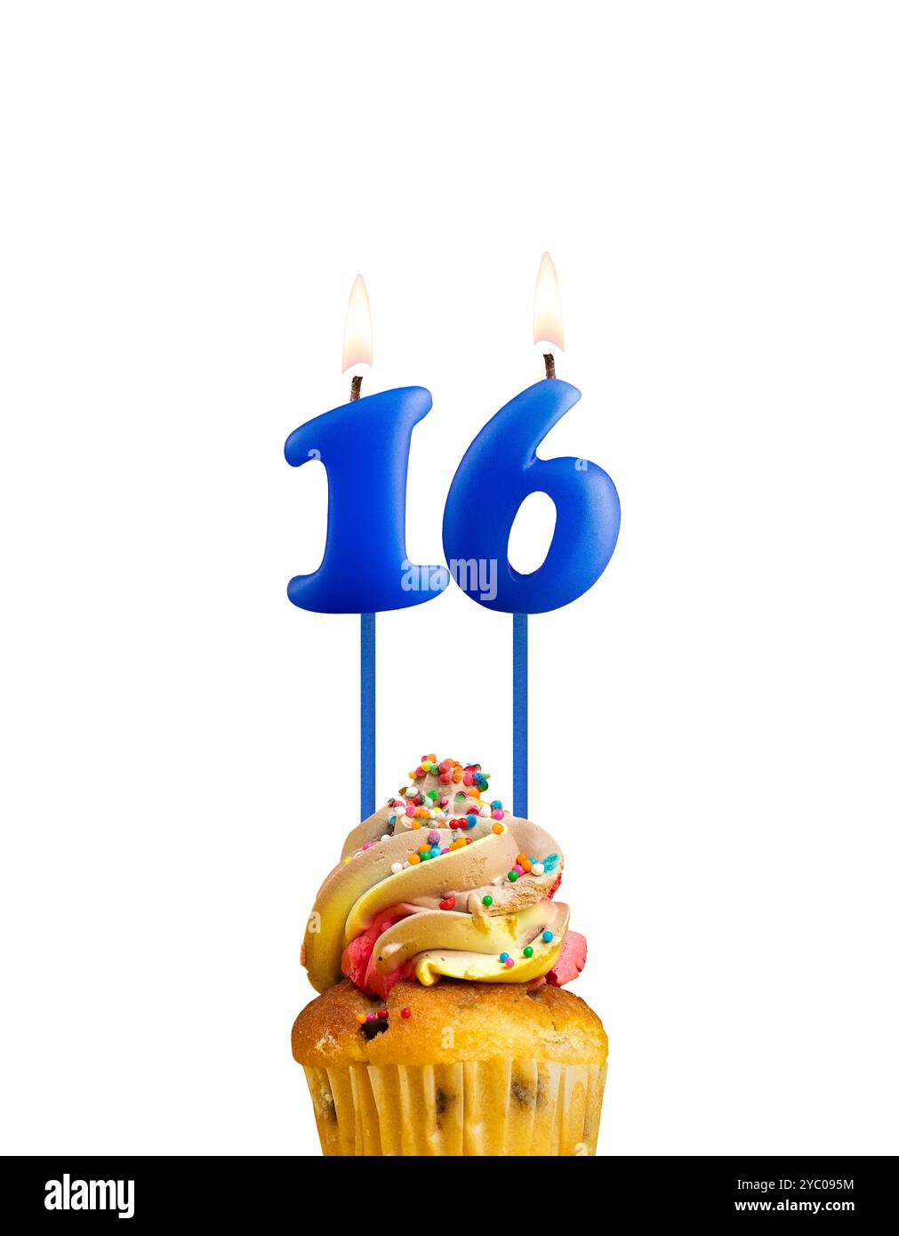 Candle in shape of the number 16 - Blue birthday on a white background ...