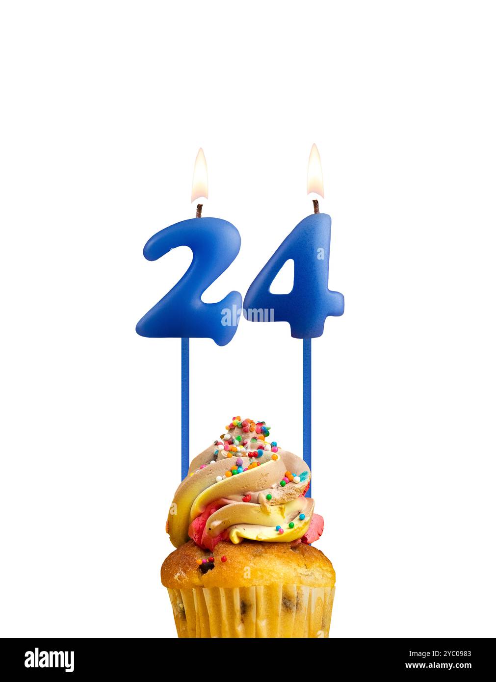 Candle in shape of the number 24 - Blue birthday on a white background ...