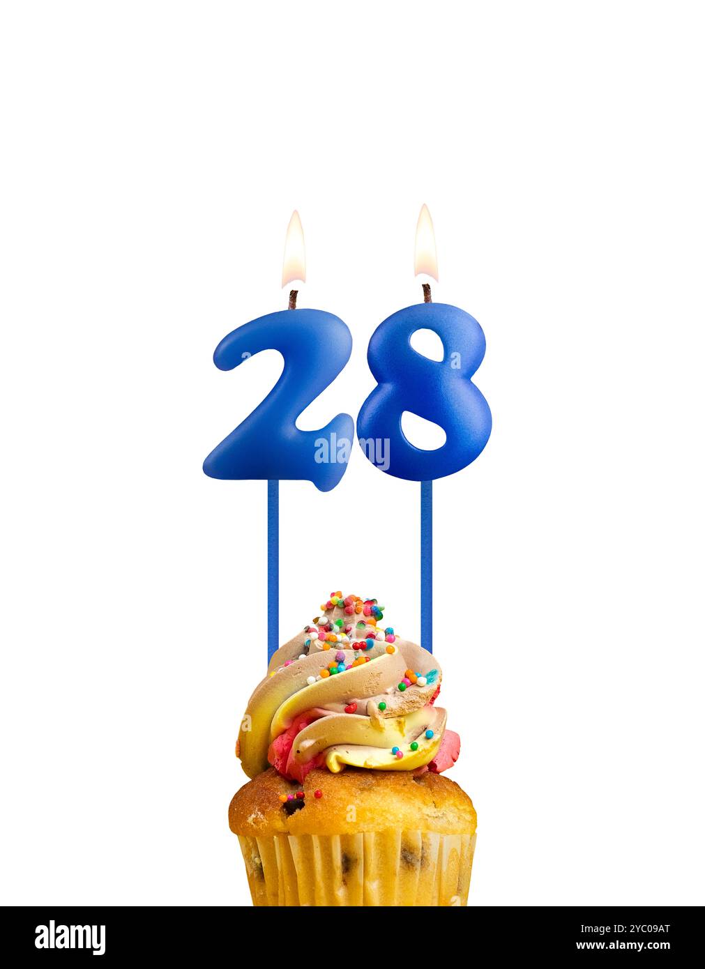Candle in shape of the number 28 - Blue birthday on a white background ...