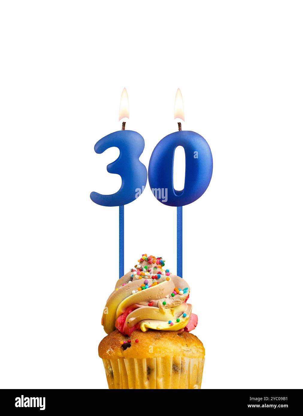 Candle in shape of the number 30 - Blue birthday on a white background ...