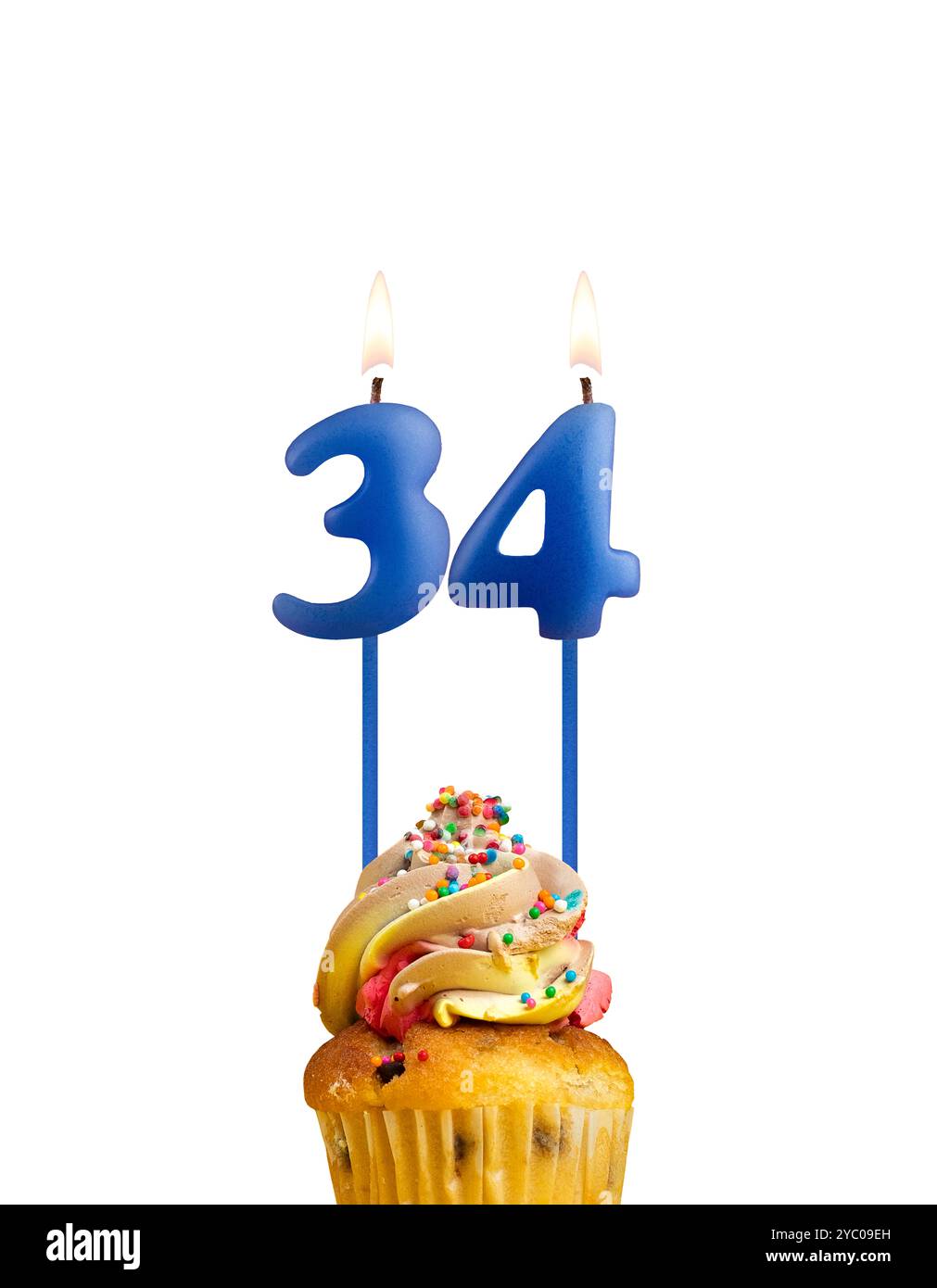 Candle in shape of the number 34 - Blue birthday on a white background ...