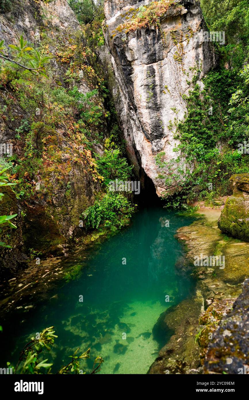 The natural spring of Su Gologone whose waters flow into the Cedrino ...