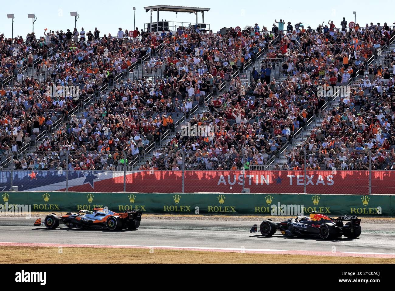 Austin, USA. 20th Oct, 2024. Lando Norris (GBR) McLaren MCL38 and Max ...