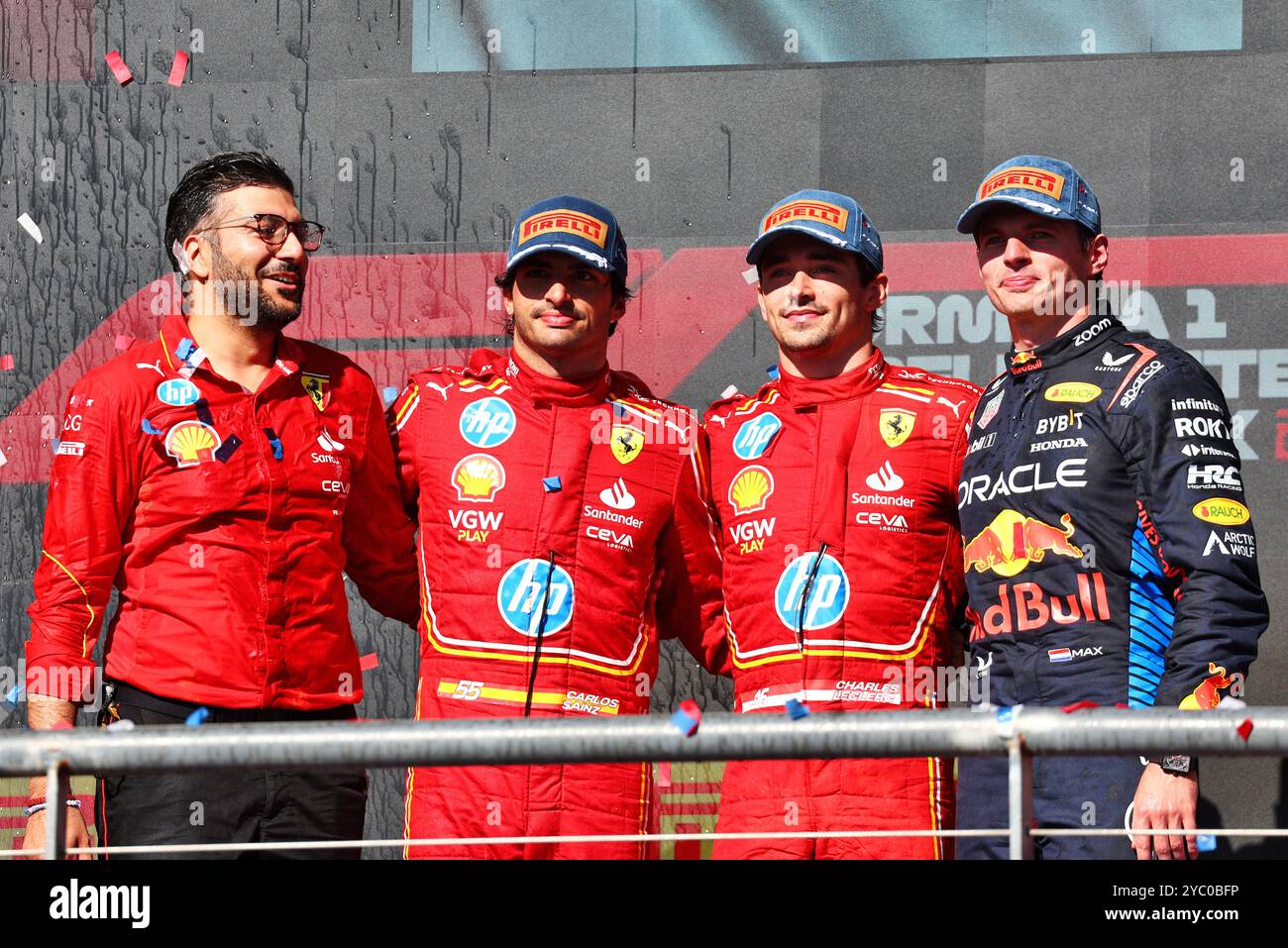 The podium (L to R): Ravin Jain (GBR) Ferrari Strategy Director; Carlos ...