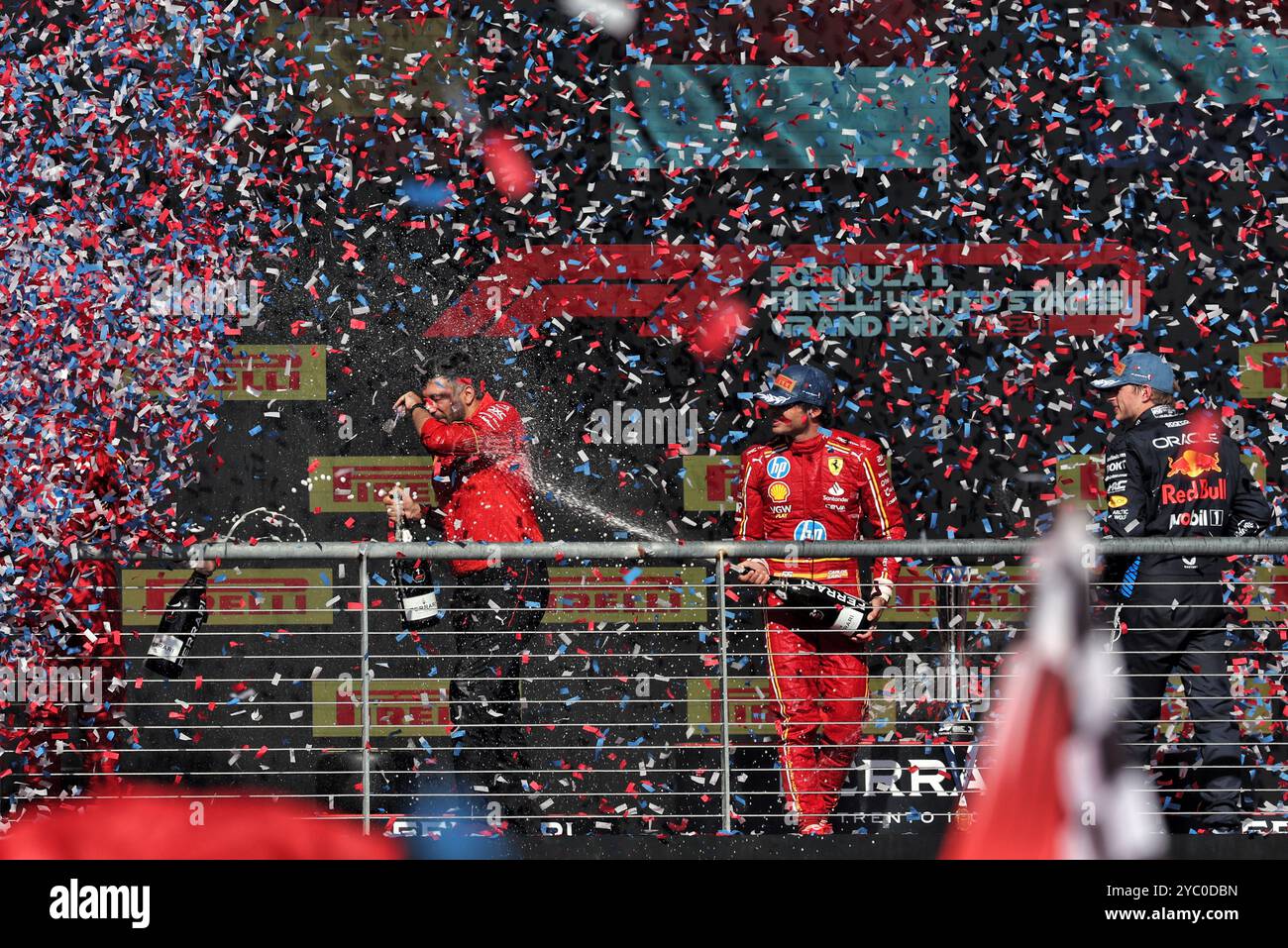 (L to R): Race winner Charles Leclerc (MON) Ferrari celebrates with ...