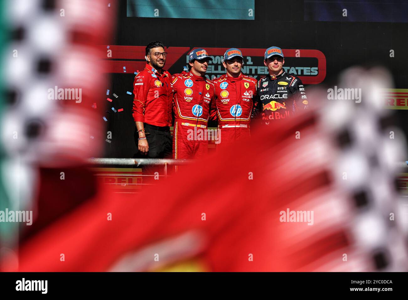 The podium (L to R): Ravin Jain (GBR) Ferrari Strategy Director; Carlos ...