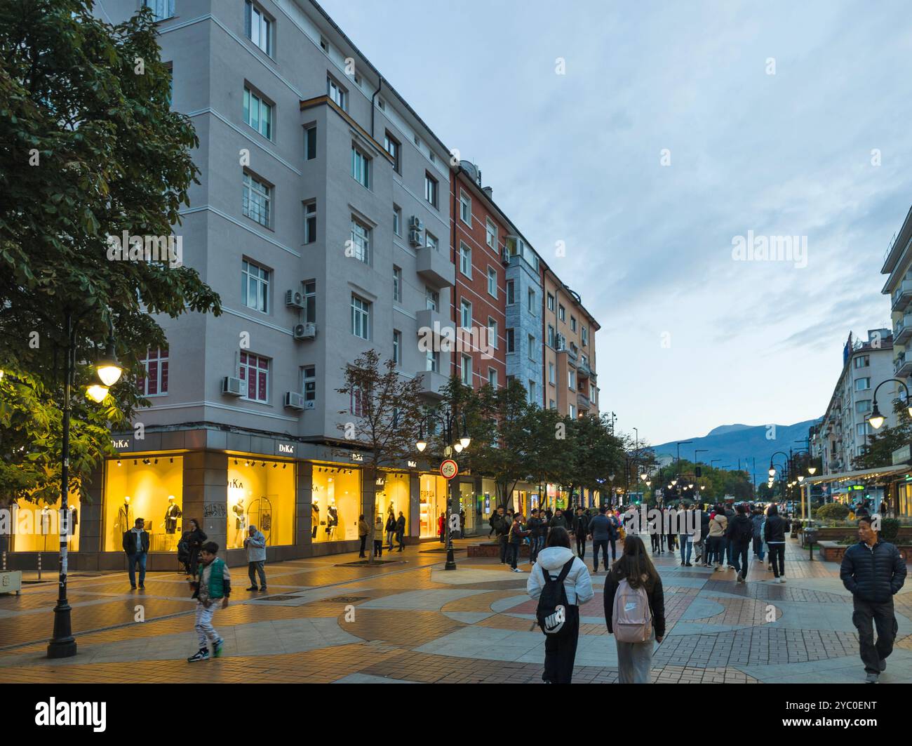SOFIA, BULGARIA - OCTOBER 19, 2024: Amazing sunset view of Pedestrian Boulevard Vitosha in city ...