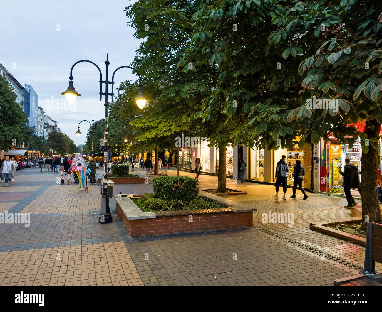 SOFIA, BULGARIA - OCTOBER 19, 2024: Amazing sunset view of Pedestrian Boulevard Vitosha in city ...