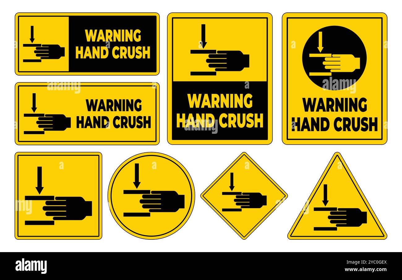 A collection of warning signs indicating hand crush hazards. These ...