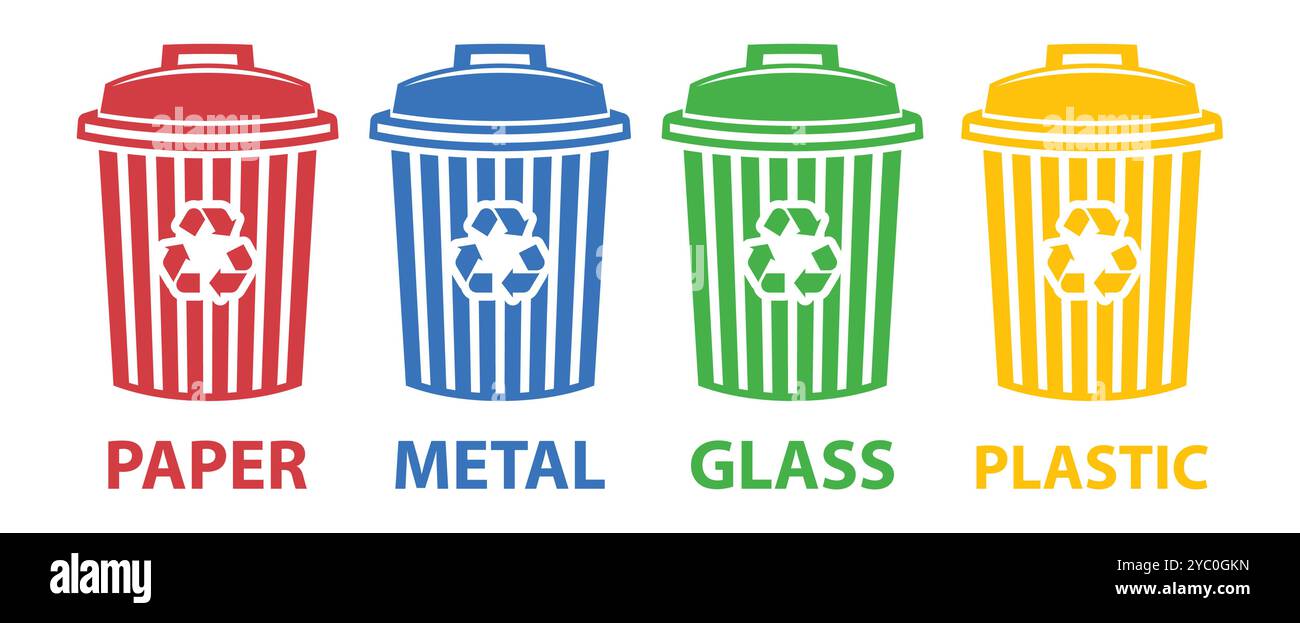 Four colorful recycling bins labeled for paper hi-res stock photography ...