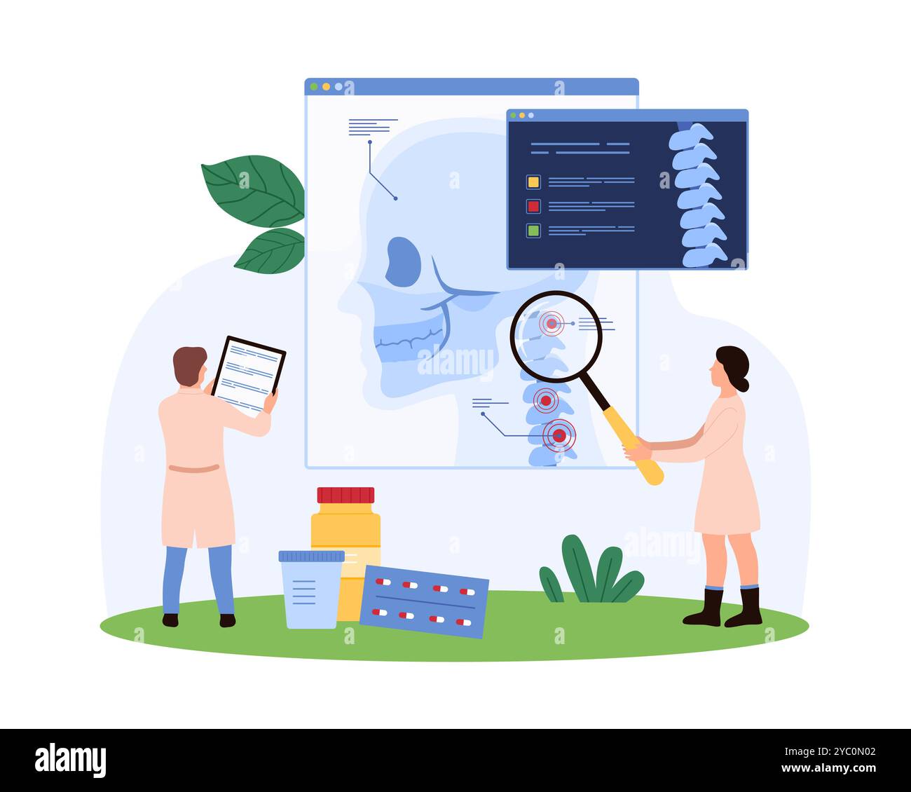 Medical professionals examine a skull and neck x-ray with a giant ...