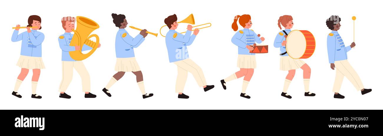 Kids march in parade and play musical instruments set. Cute children ...