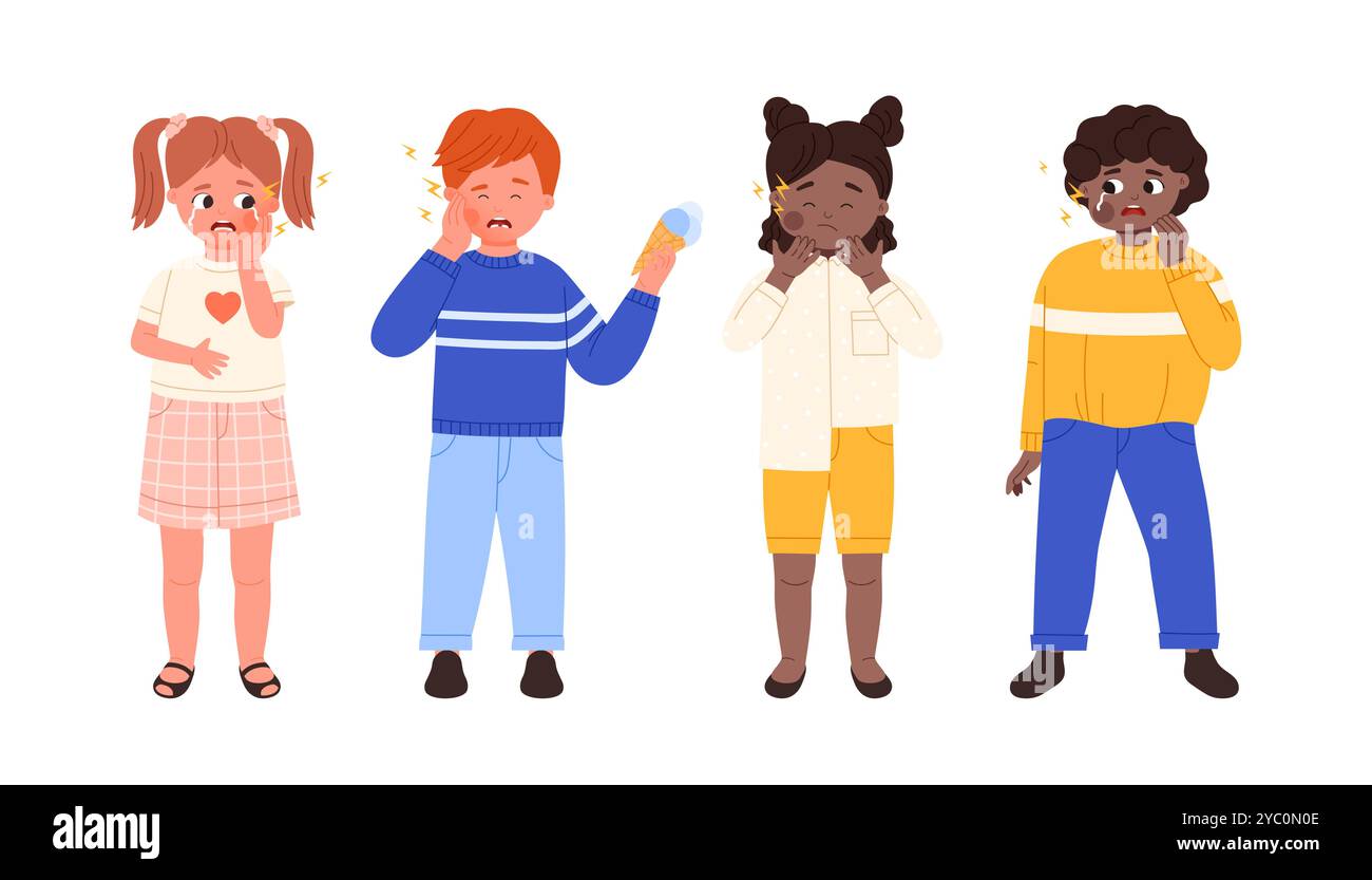 Sad kids with toothache set. Cute sick boys and girls suffering from ...