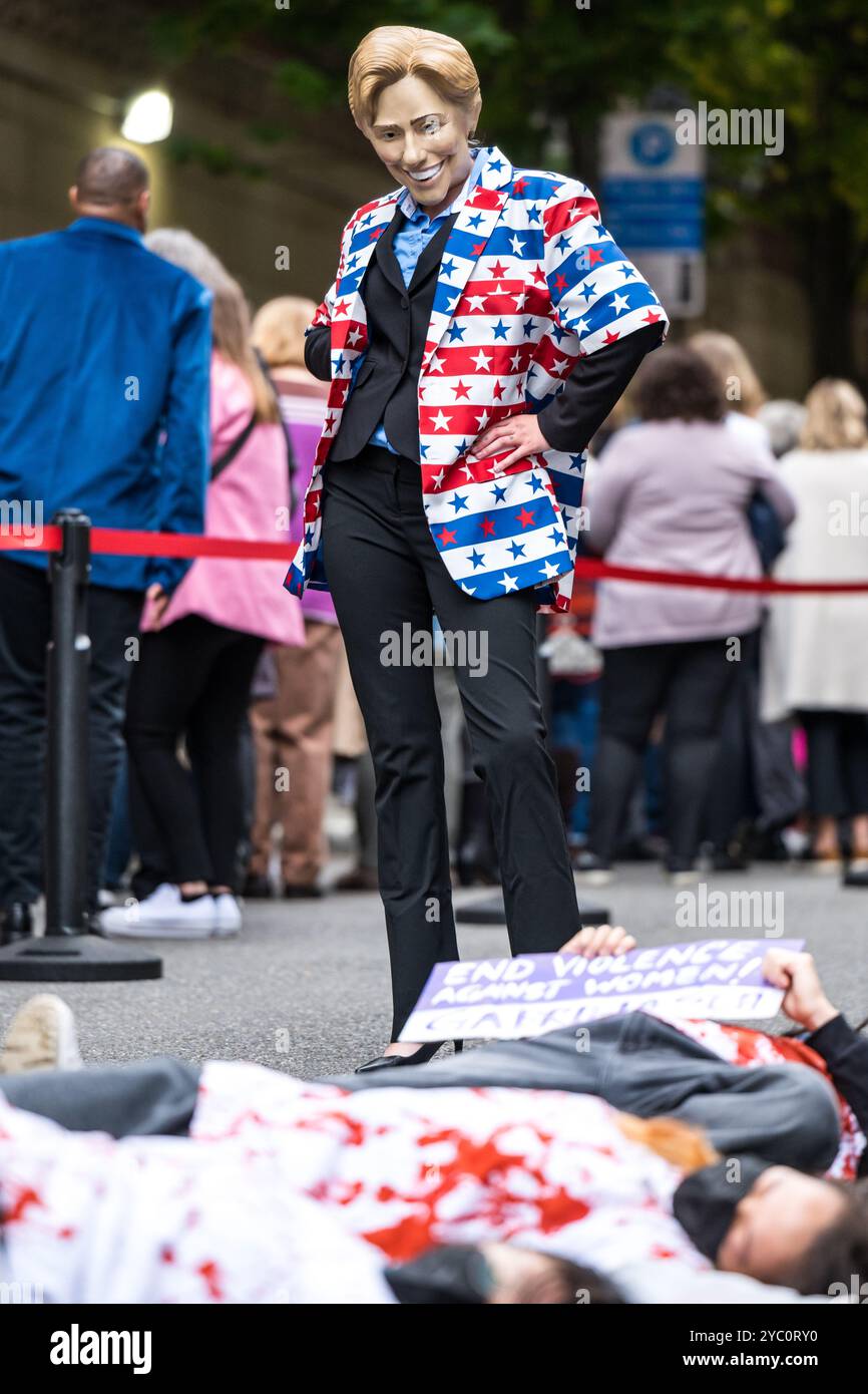 Seattle, USA. 20th Oct, 2024. A protest outside the Paramount theater ...