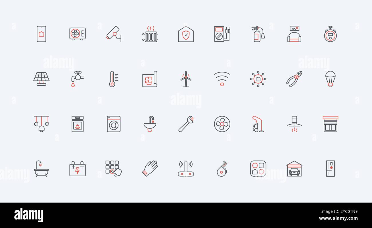 Services and utilities for home, garage line icon set. Water and electricity supply from solar ...