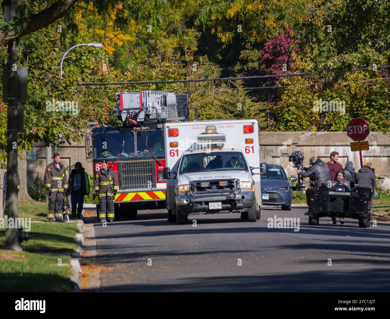 Crew and actors prepare to shoot a take of a scene in, "Chicago Fire ...