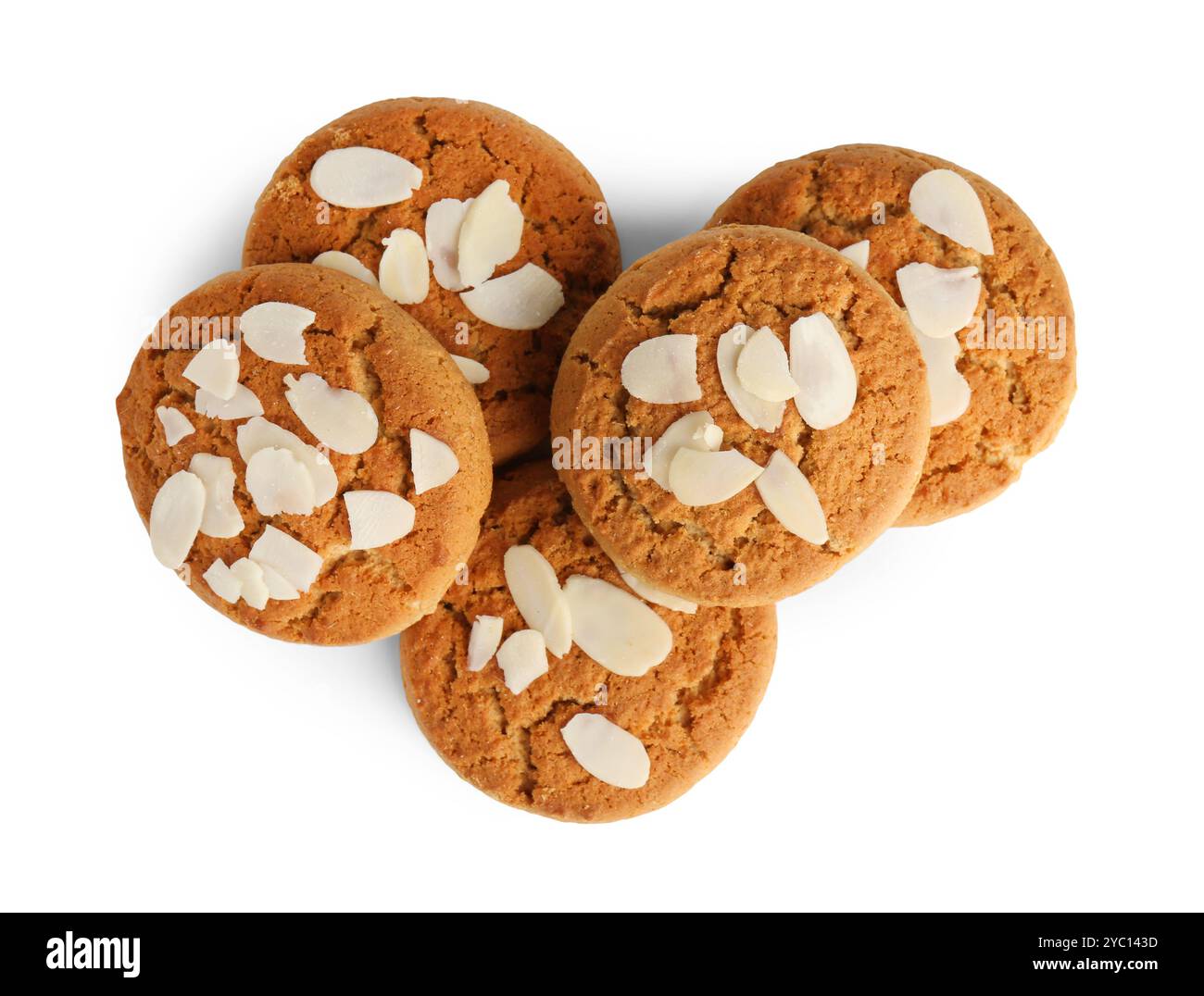 Tasty cookies with almond flakes isolated on white, top view Stock ...