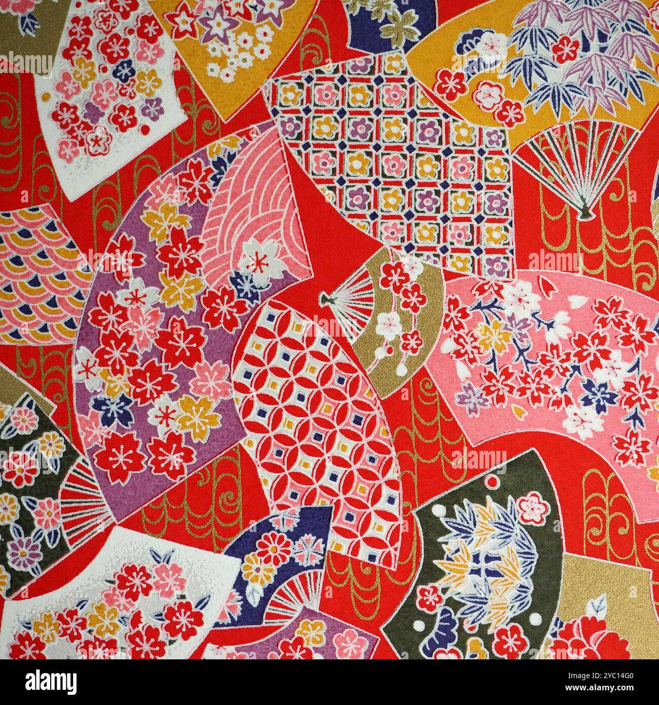 Traditional Japanese patterns with floral theme on the red background ...
