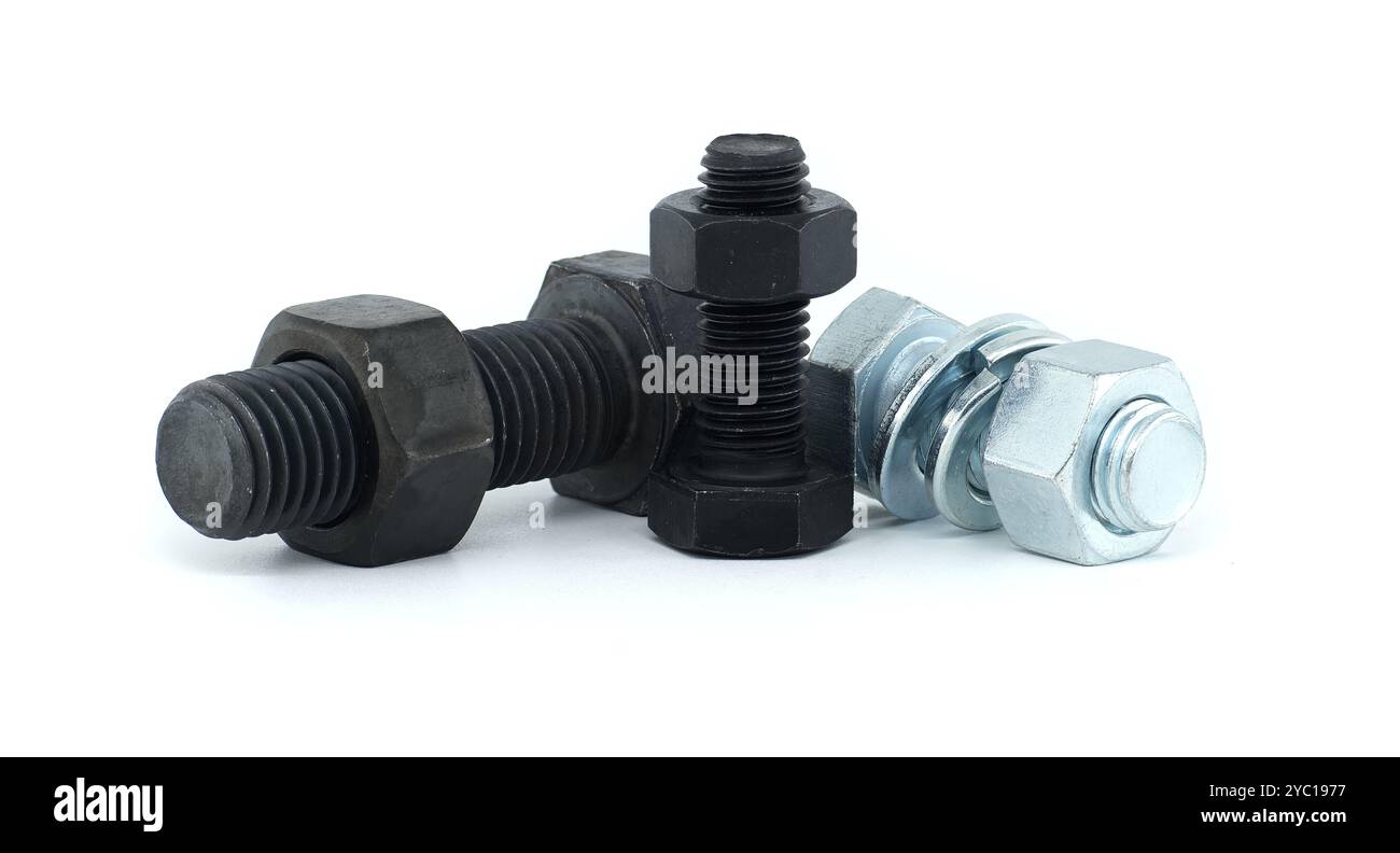 Close-up image featuring two metal bolts and nuts, one black and one ...