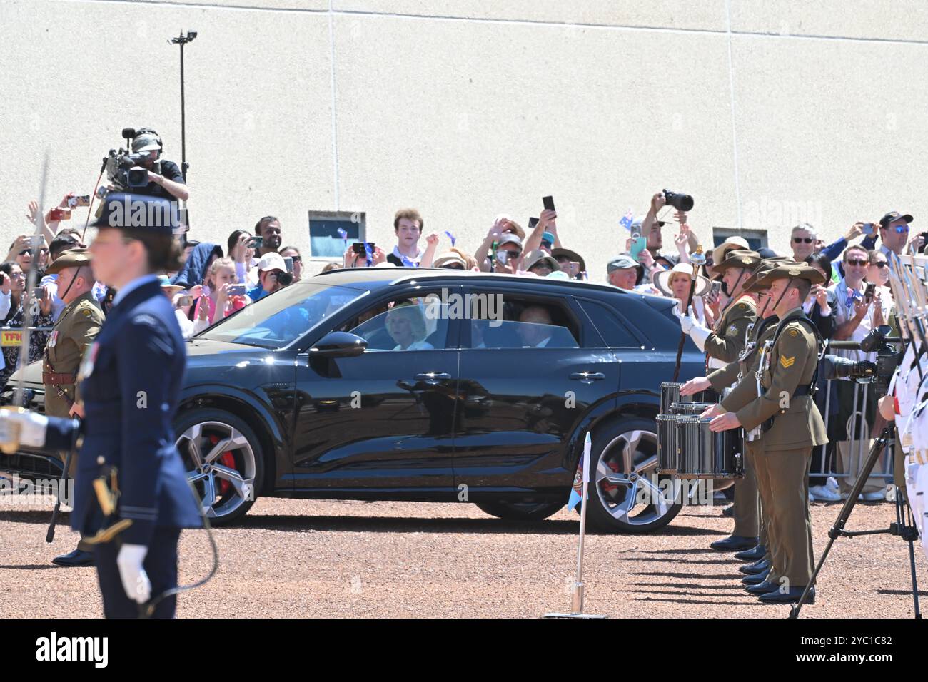 Canberra, Australia. 21st Oct, 2024. Britain's King Charles III and Queen Camilla arrive at ...