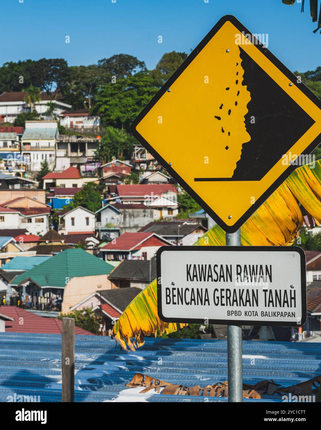 Balikpapan, Indonesia - September 12th, 2024. A warning sign alerts ...