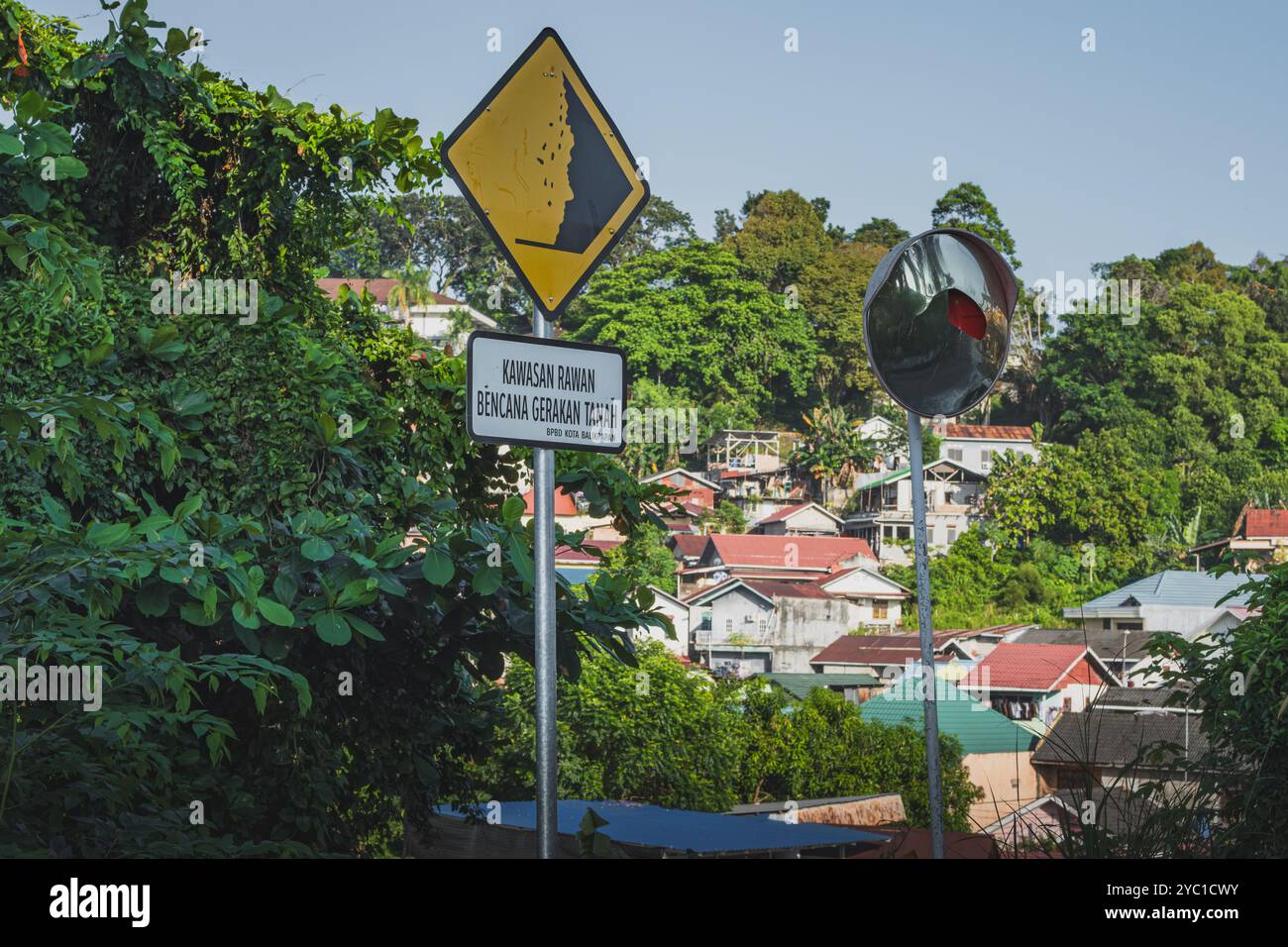 Balikpapan, Indonesia - September 12th, 2024. A warning sign alerts ...