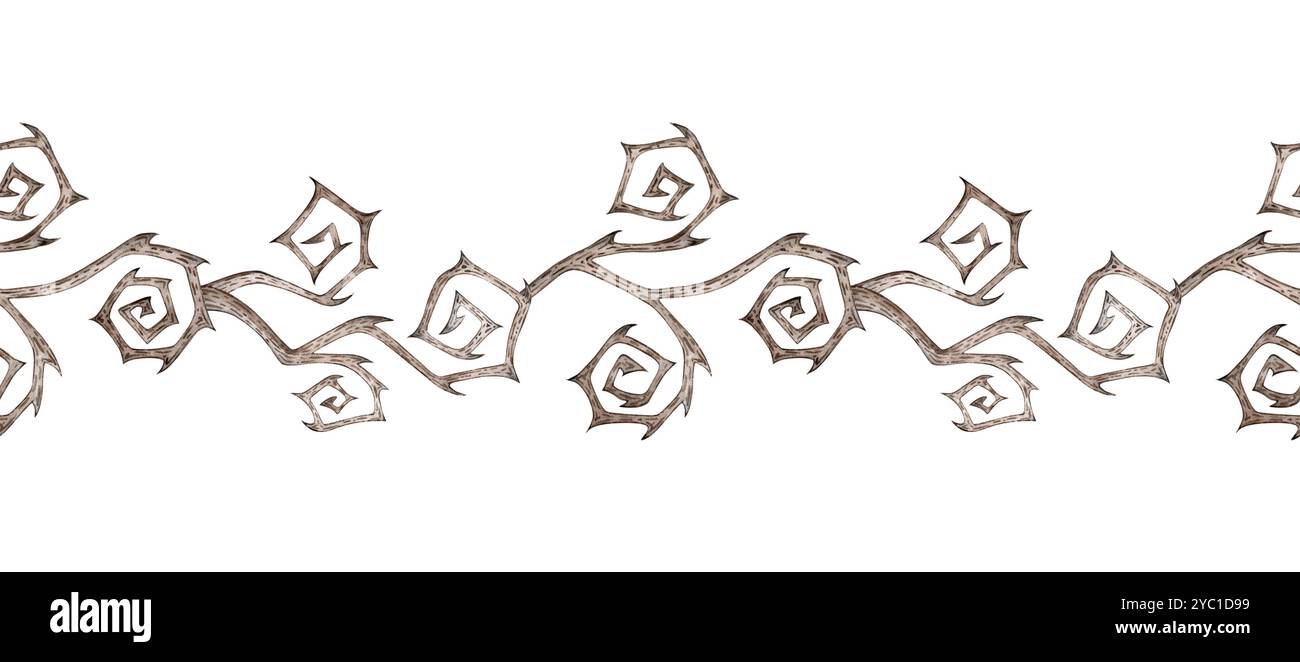 Dry black branches twisted with thorns, horizontal pattern. Halloween ...