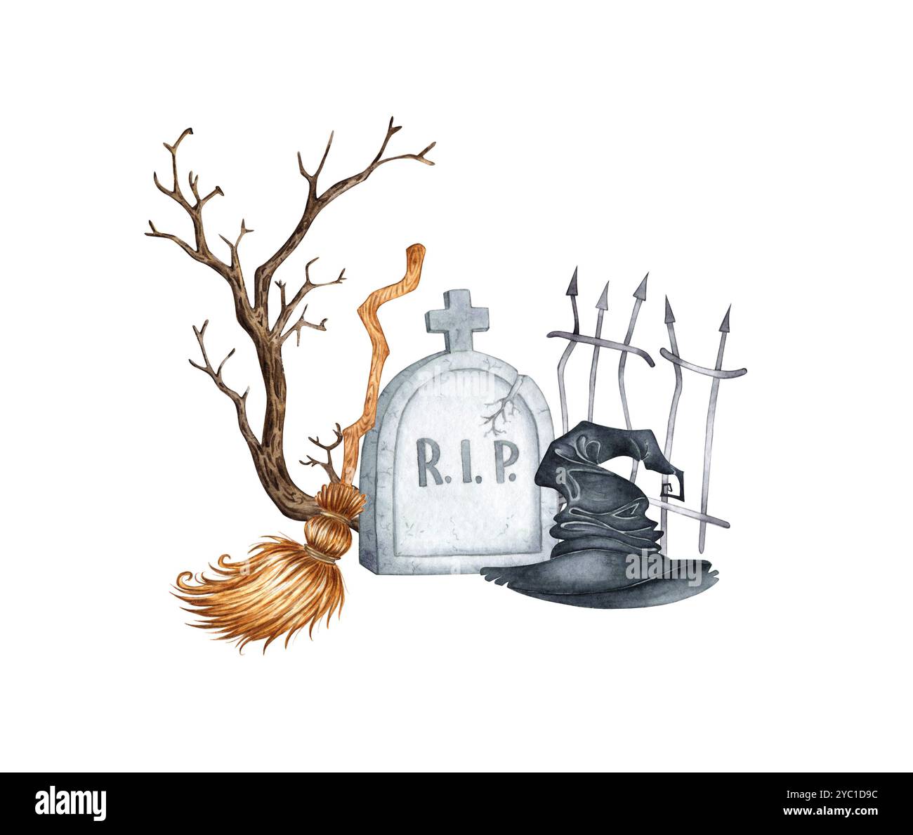 Gray gravestone, hat, broom, tree and fence watercolor illustration for ...