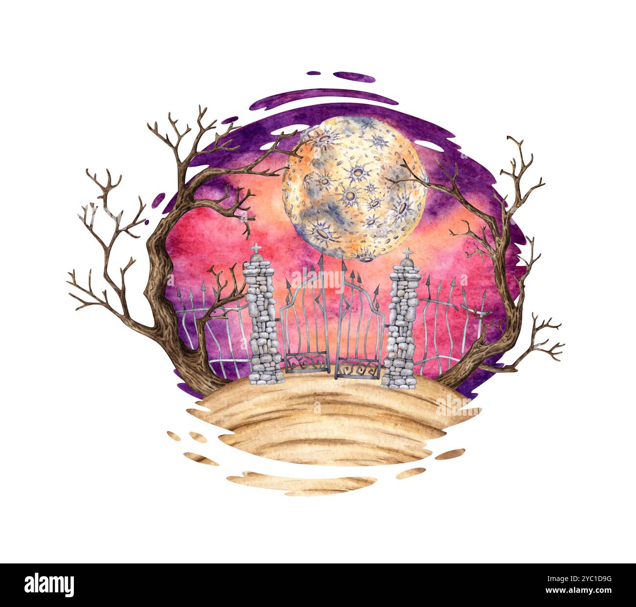 Old, rusty, metal gates, and fence broken bars, trees and moon ...