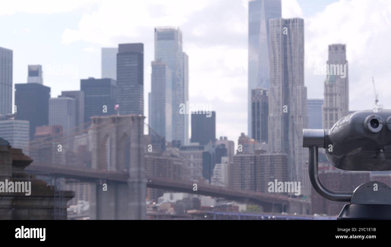 New York City Brooklyn Bridge lookout, tower viewer binoculars, Dumbo ...