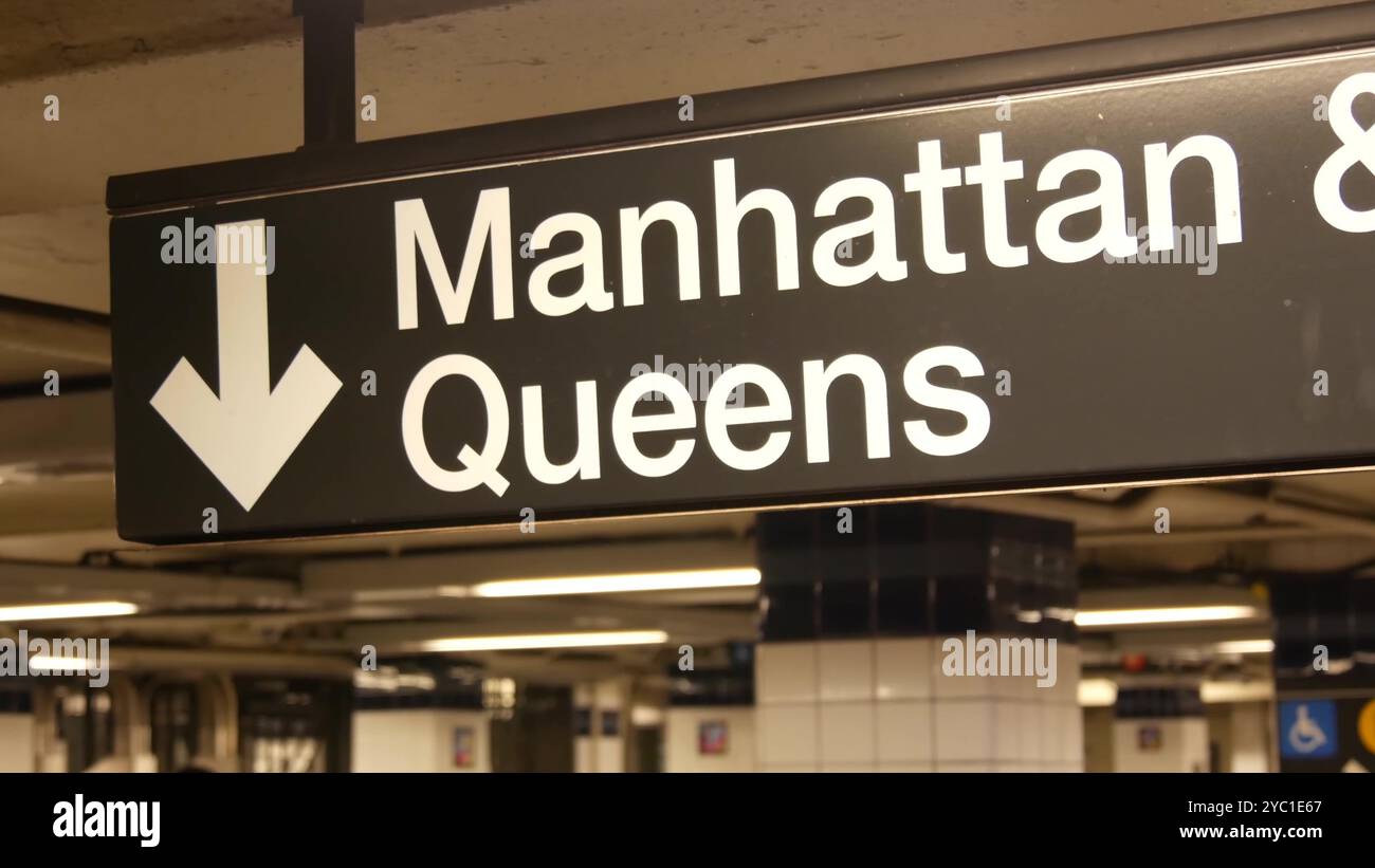 New York subway station interior, Manhattan text sign. Underground ...