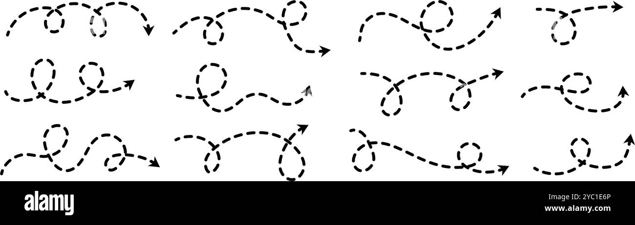 Comic dotted thin arrow set. Wavy curved dash pointer collection ...