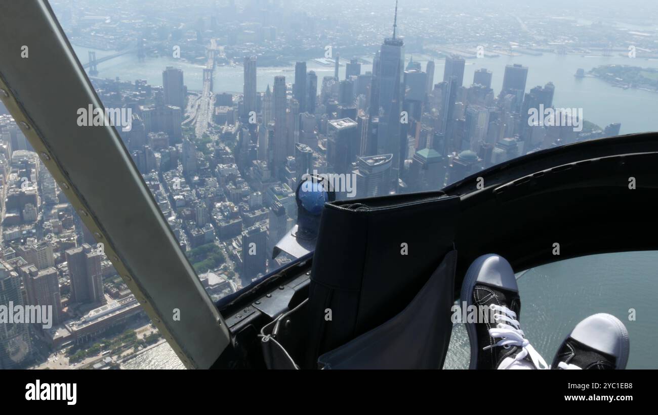 New York City helicopter cabin flight, heli cockpit flying over ...