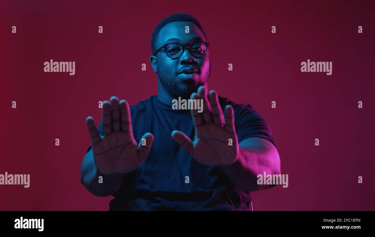 Stop gesture. Rejection refusal. Serious man with negative decline ...