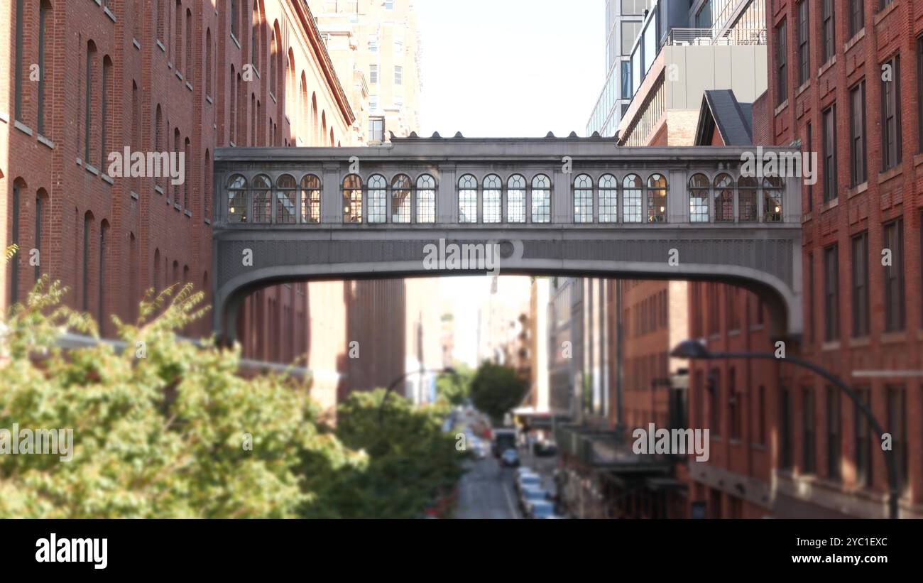 New York City street, Chelsea Market skybridge. Retro industrial ...