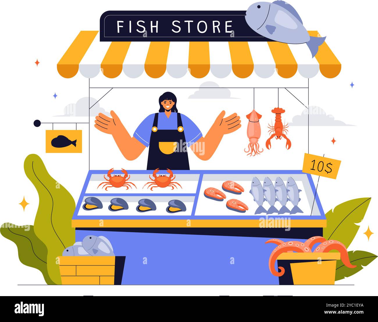 Fish Store Vector Illustration featuring a Variety of Fresh and ...