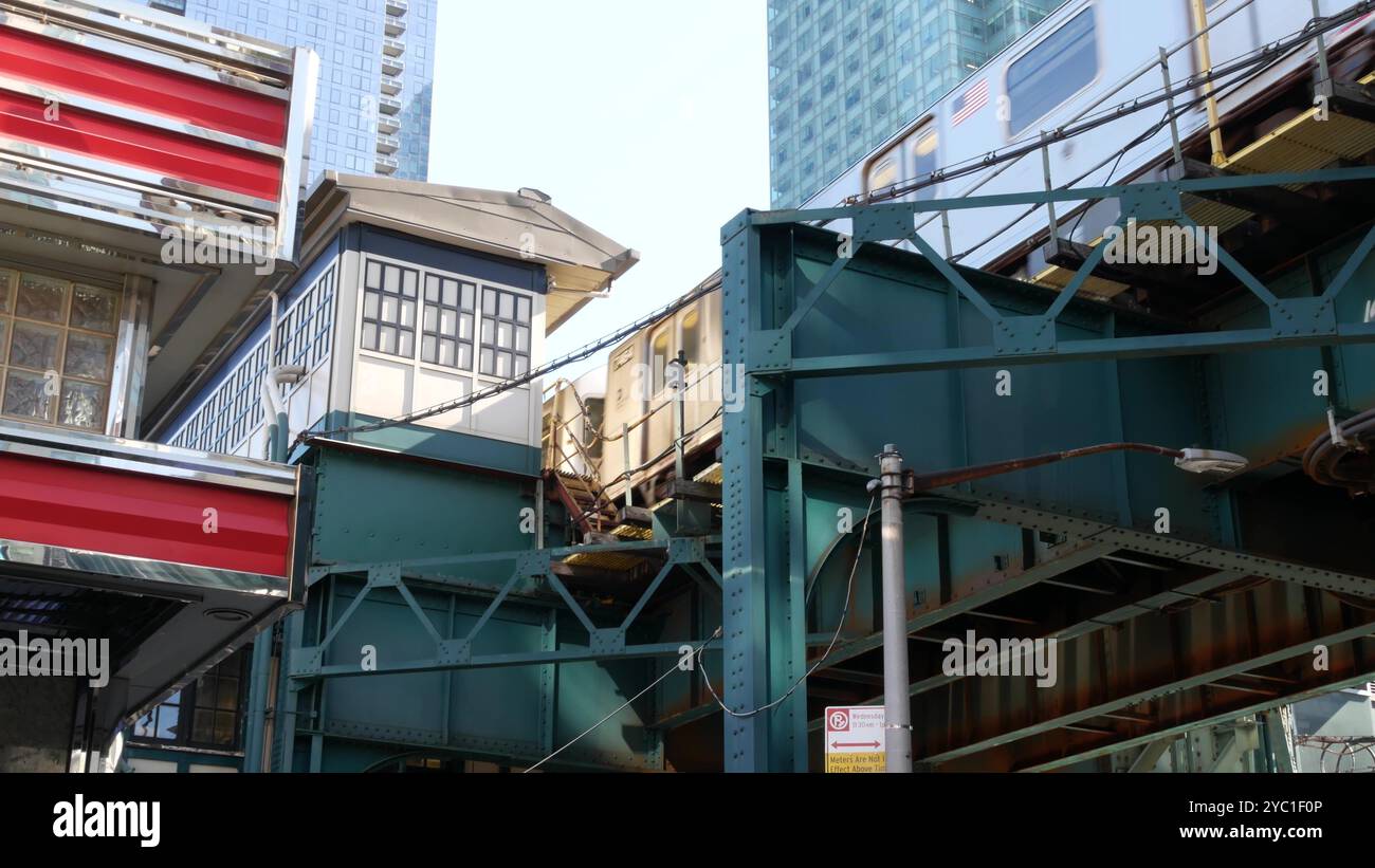 New York elevated subway, metropolitan train bridge, metro track above ...