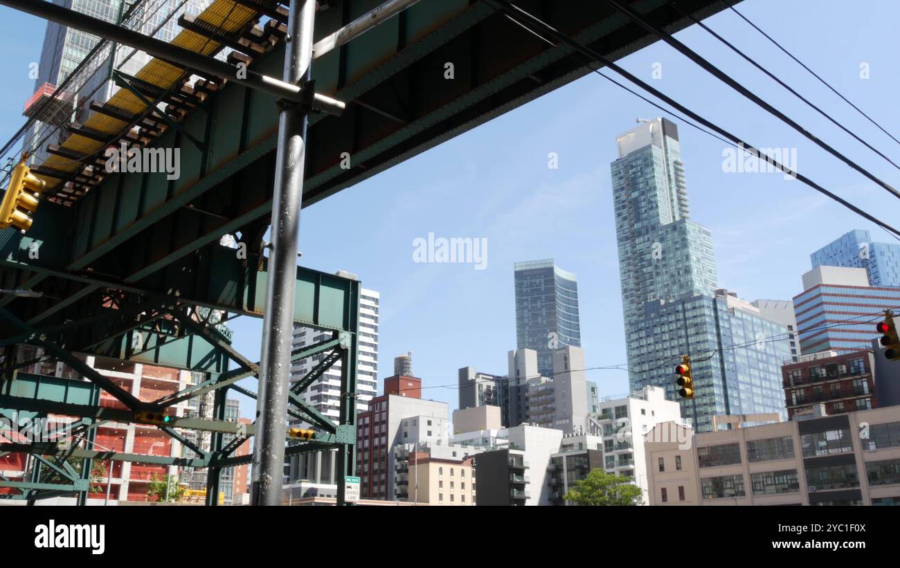 New York elevated subway, metropolitan bridge, metro track above street ...