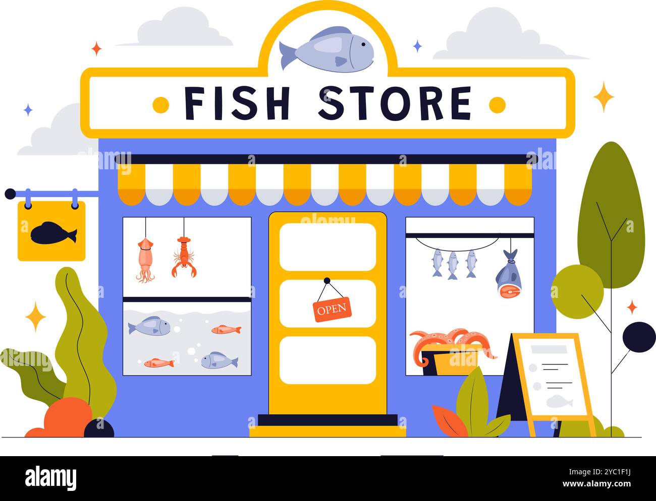 Fish Store Vector Illustration featuring a Variety of Fresh and ...