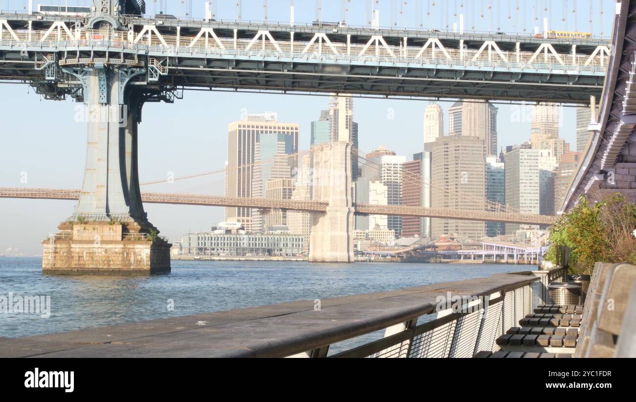 New York City Manhattan Bridge to Brooklyn. Waterfront downtown skyline ...