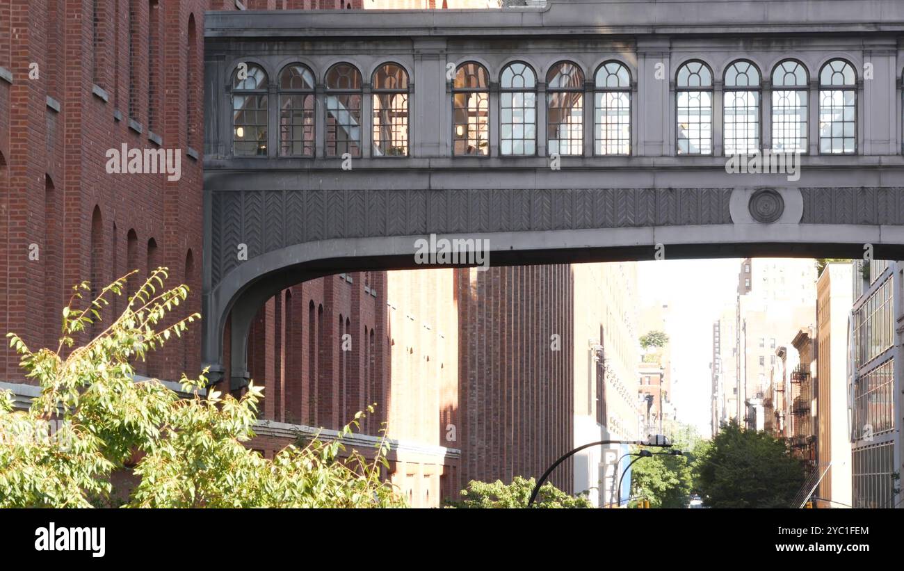 New York City street, Chelsea Market skybridge. Retro industrial ...