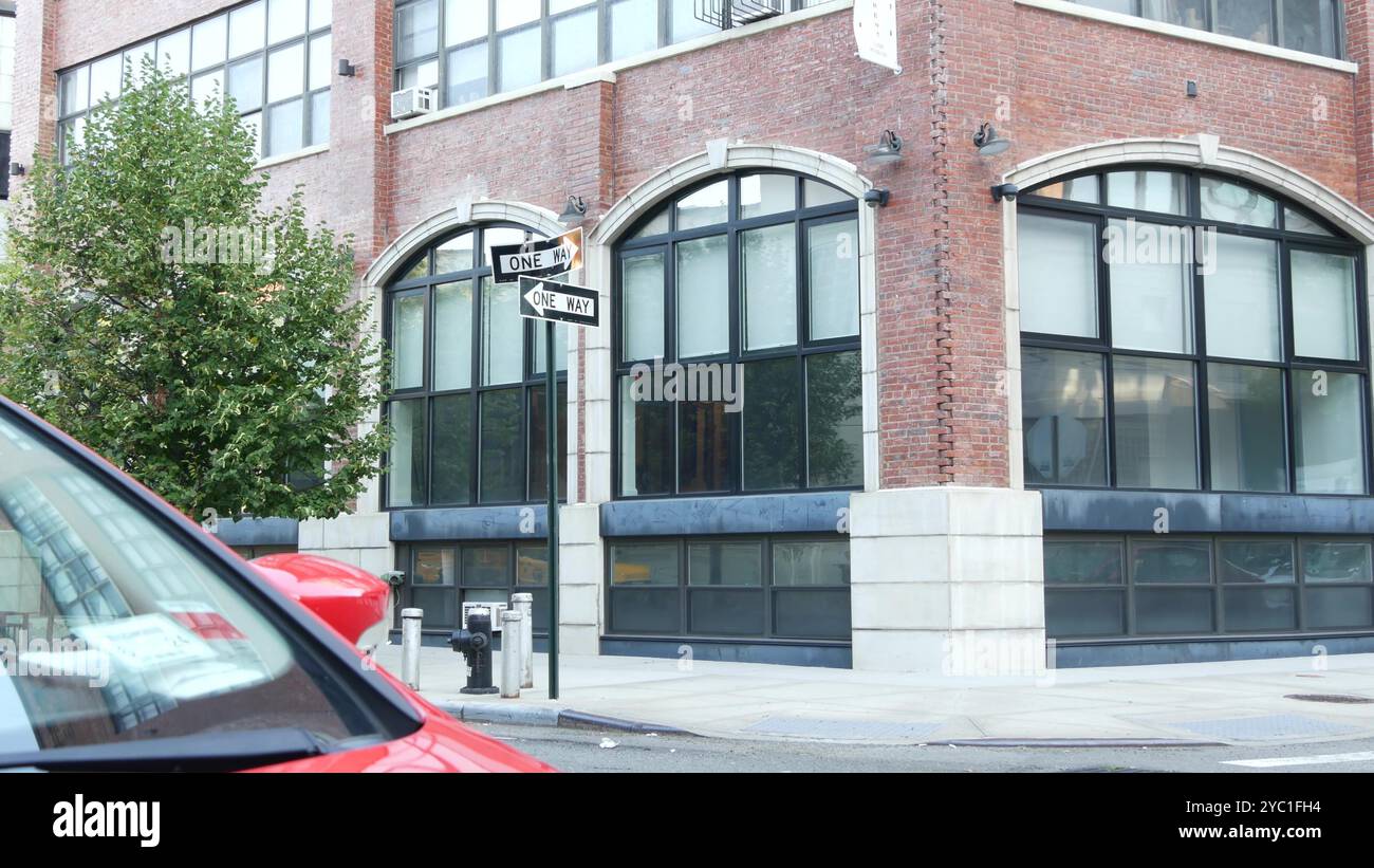 New York City street crossroad, transport road intersection. Corner in ...