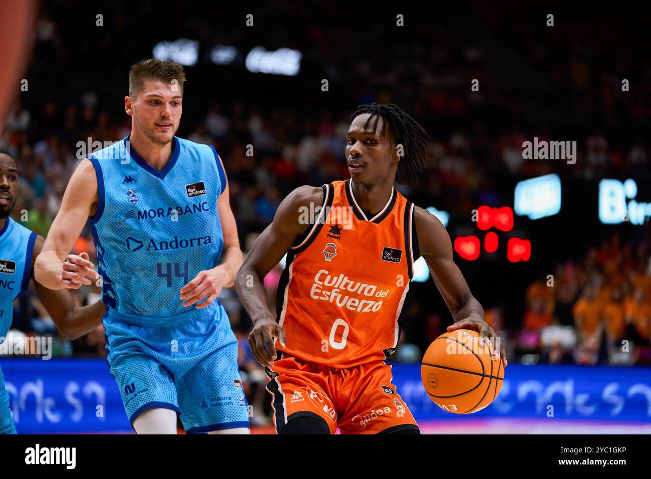 Ben Lammers of Morabanc Andorra and Brancou Badio of Valencia basket in ...