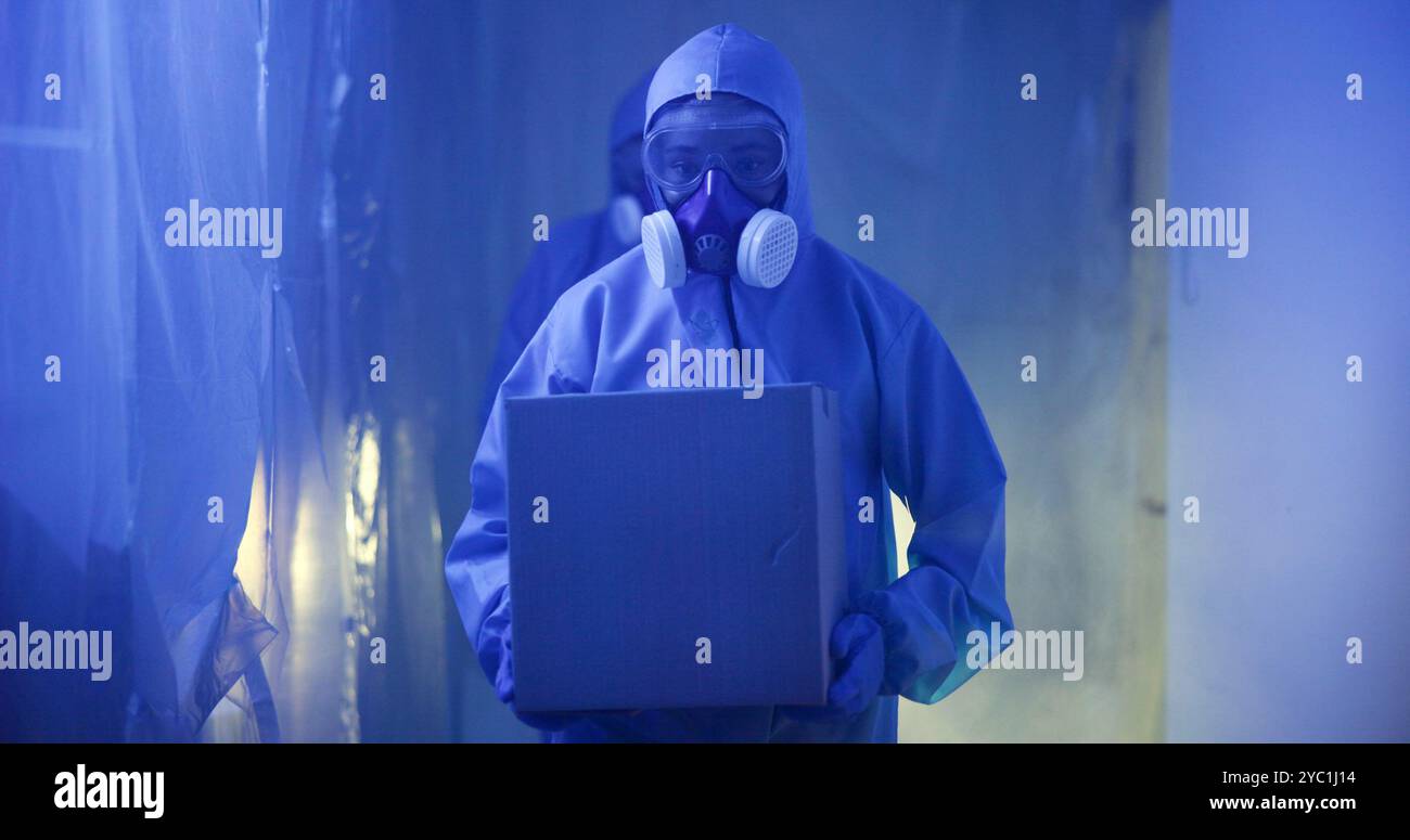 Man, suit and box for crime scene investigation with evidence, gas mask ...