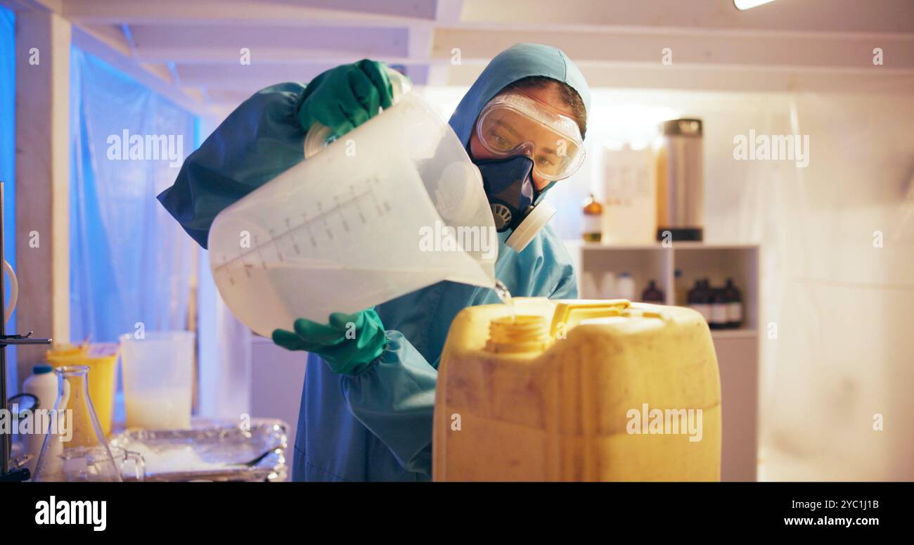 Person, liquid and drugs at illegal lab for production, jug and bottle ...