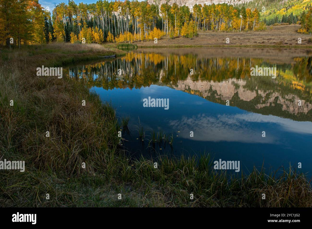 Reflection of the cliffs of volcanic tuff in Rowdy Lake, near Colorado ...